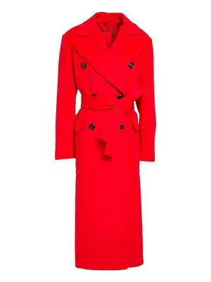 MAXCO. Belted Wool Coat With Notched Lapel - Red