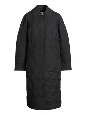 GANNI Quilted Long Coat With Classic Collar - Black