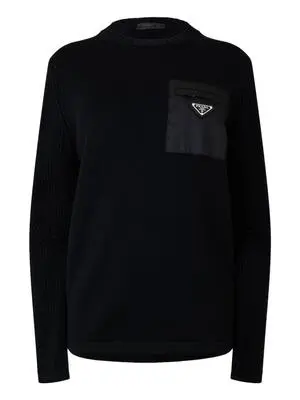 Prada Crewneck Wool Sweater With Patch Pocket - Black