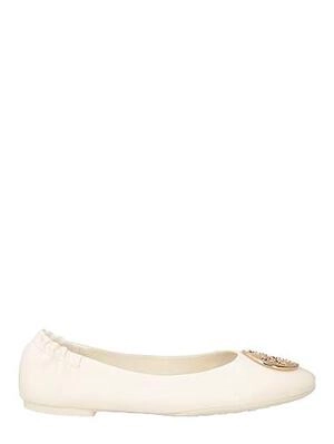 Tory Burch Round Toe Embellished Leather Flats - White
