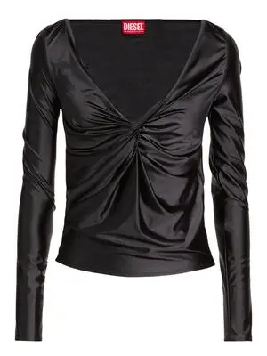 DIESEL® Long Sleeve Plunge Neck Top With Embroidered Logo - Black