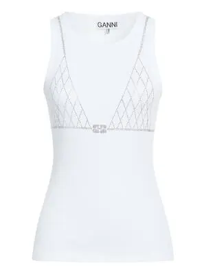 GANNI Logo Crystal Crew Neck Tank Top - White