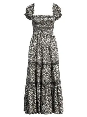 Tory Burch Floral Print Square Neck Midi Dress - Black