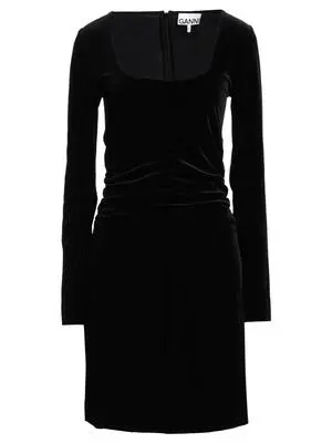 GANNI Velvet Long Sleeve Square Neck Dress - Black