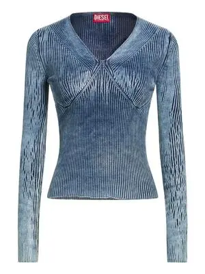 DIESEL® Bleached Effect" Ribbed V-neck Jumper - Blue