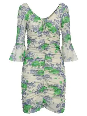 GANNI Ganni Floral Pattern Dress With Three-Quarter Sleeves And Pleated Design