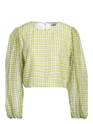 GANNI Checked Puff Sleeve Cropped Top - Green