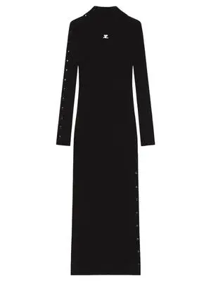 COURREGES Courrèges Ribbed Knit Mock Neck Maxi Dress With Side Slit And Buttoned Sleeves - Black