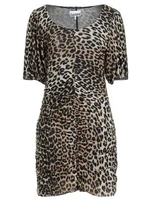 GANNI Leopard Print Short Sleeve Dress - Black