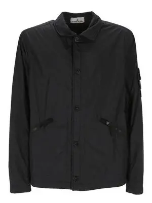 Stone Island Logo Patch Button-up Overshirt Jacket - Blue