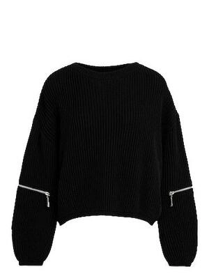 MAXCO. Ribbed Crewneck Knit Top With Zip Detail - Black