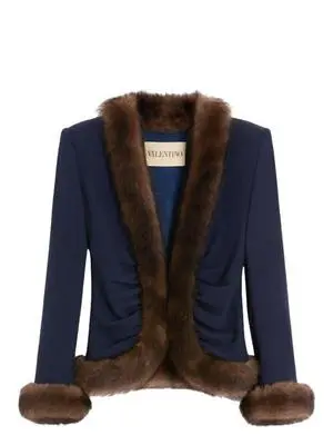 Valentino Garavani Wool Crepe Jacket With Fur Trim - Indigo