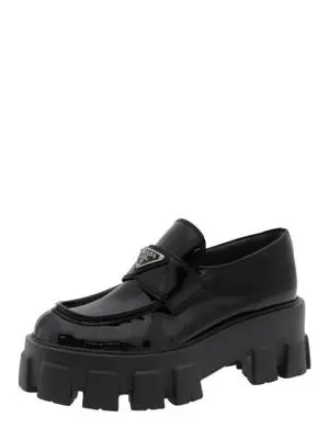 PRADA Prada Black Patent Leather Slip-On Loafers With Triangular Logo And Thick Sole
