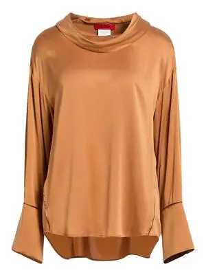 MAXCO. Max&co. Satin Turtleneck Top With Metallic Trim - Brown