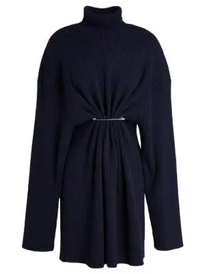 Balenciaga Ribbed Knit Turtleneck Dress With Embellishment - Black