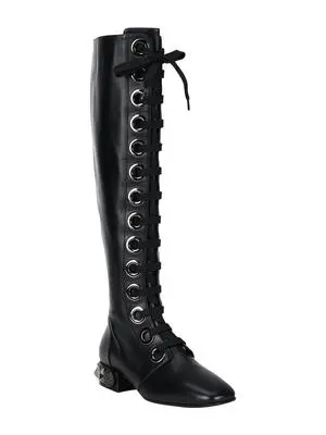 Dolce & Gabbana Knee-high Square-toe Boots With Studded Block Heel - Black