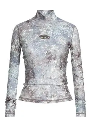 DIESEL® Long Sleeve Mock Neck T-shirt With Crystal Embellishments - Gray
