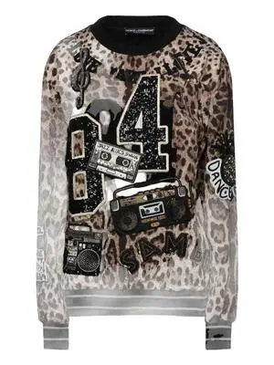Dolce & Gabbana Leopard Print Embellished Crewneck Top - Black
