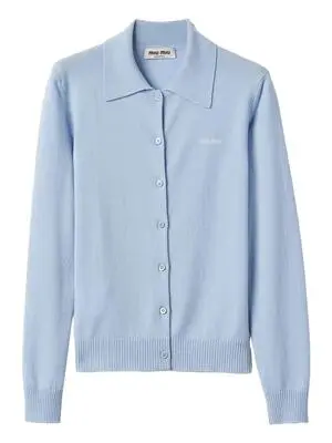 Miu Miu Logo-intarsia Button-up Cardigan - Sky-blue