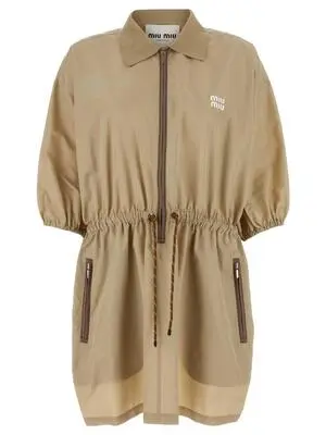 Miu Miu Technical Fabric Dress With Logo Detail - Greige