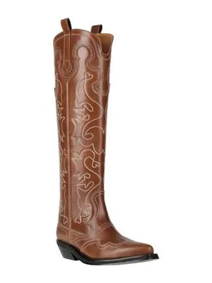 GANNI Ganni Knee-High Embroidered Cowboy Boots Brown