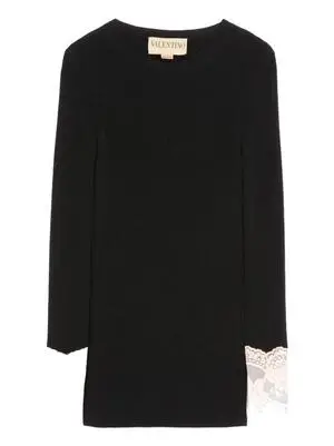 Valentino Garavani Long Sleeve Ribbed Knit Crew Neck Sweater With Lace Cuffs - Black