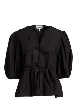 GANNI Ganni Short Sleeve Ruffled Blouse With Tie Detail