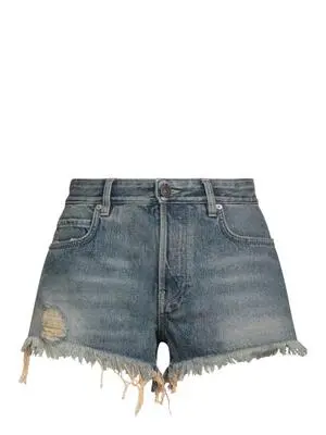 Balenciaga Dark Wash Frayed Hem Denim Shorts - Gray