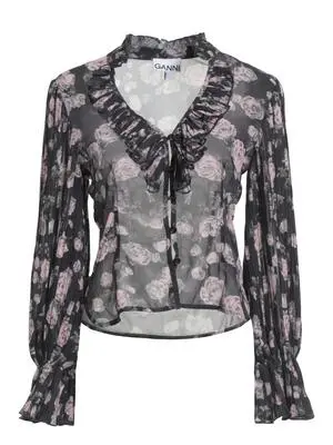 GANNI Floral Long-sleeved Shirt With Ruffle Detail - Black