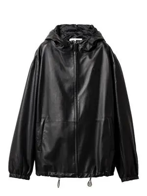 Miu Miu Nappa Leather Zip-up Hoodie Jacket With Embossed Logo - Black