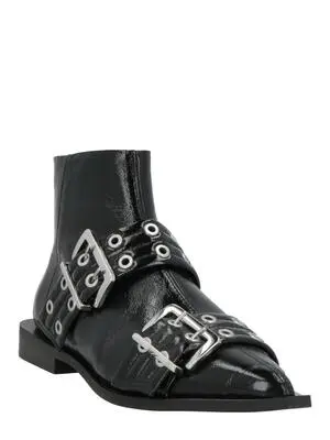 GANNI Ganni Glossy Square Toe Ankle Boots With Buckle Detail