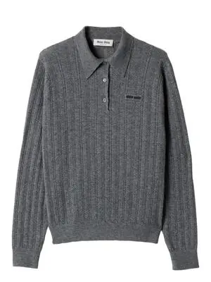 Miu Miu Cashmere Open Knit Polo Sweater With Ribbed Details - Slate Gray