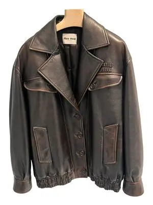 Miu Miu Nappa Leather Jacket With Logo Lapel - Black