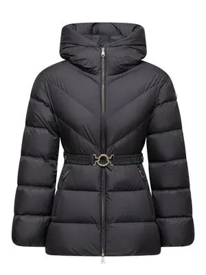 Moncler Diagonal-quilted Hooded Short Down Jacket With Logo Buckle Belt - Black