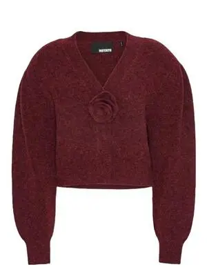 ROTATE BY BIRGER CHRISTENSEN Knitted Puff Sleeve Cardigan With Rosette Detail - Brown