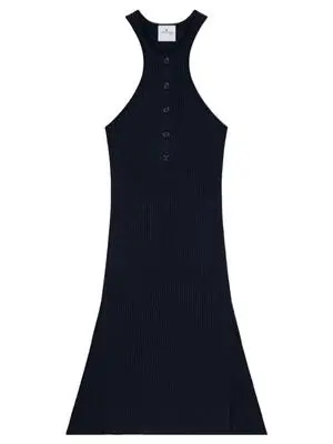 COURREGES Rib Knit Round Neck Sleeveless Midi Dress With Vertical Buttons - Black