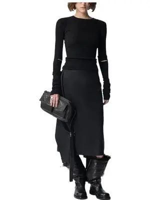 ANN DEMEULEMEESTER Merino Wool Ribbed Knit Crew Neck Long Sleeve Top With Cutout Details - Black
