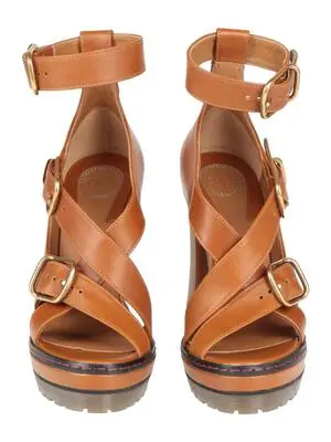 Chloé Strappy Buckled High Heel Platform Sandals - Brown