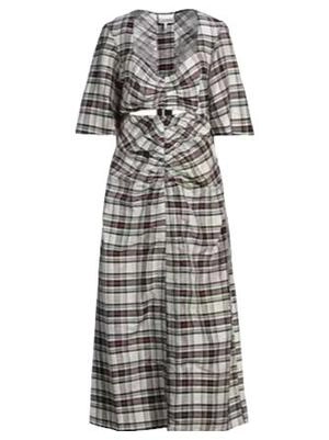 GANNI Plaid Gathered Midi Dress - Gray