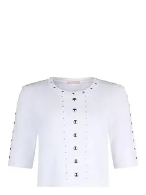 Liu Jo Studded Knitted Top With Crew Neck And Short Sleeves - White Wool