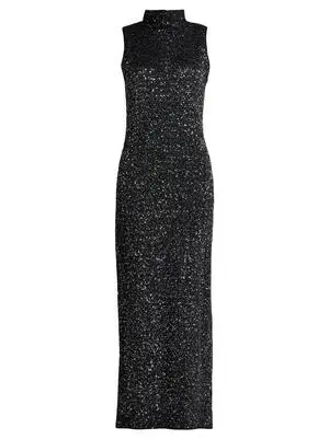 Max Mara Sequin Embellished Mock Neck Sleeveless Maxi Dress - Black