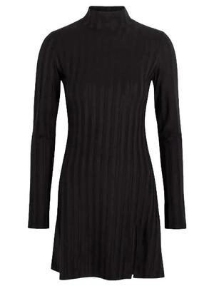 REFORMATION Libra Ribbed Knit High Neck Long Sleeve Dress With Slit - Black