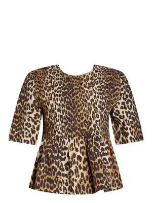 GANNI Leopard Print Shirred Peplum Top - Black