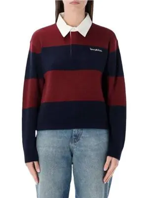 SPORTY  RICH Sporty & Rich Striped Cashmere & Wool Polo Top - Black