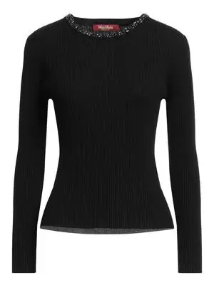 Max Mara Ribbed Knit Top With Embellished Neck - Black