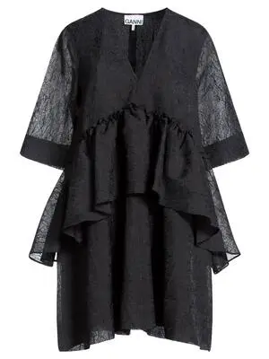 GANNI Deep V-neck Short-sleeve Pleated Flared Dress - Black