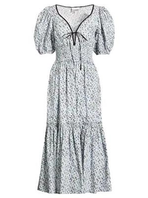 GANNI Bohemian Floral Print Maxi Dress With Puff Sleeves - Gray