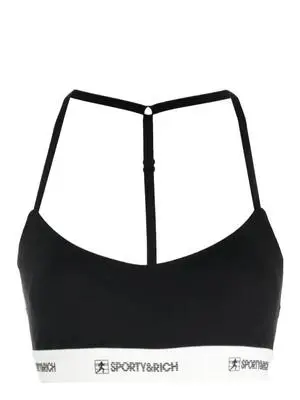 SPORTY  RICH Sporty & Rich Logo Jacquard Tape Cropped Top - Black
