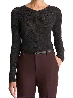 Vince Vince Long Sleeve Ribbed V-Neck Top Black