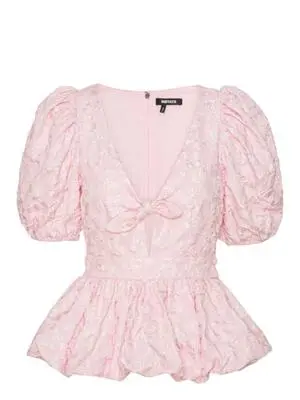 ROTATE BY BIRGER CHRISTENSEN ROTATE Jacquard Puff Sleeve Top With Knot Embellishment